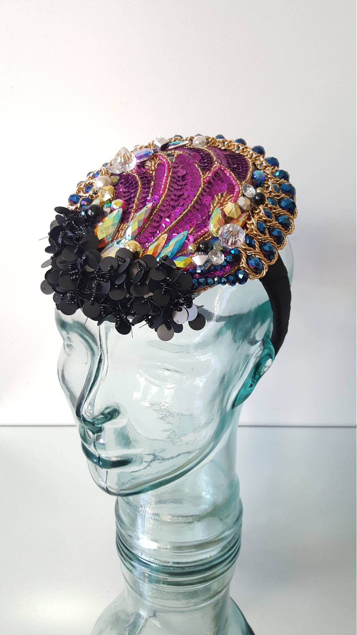 Vibrant Bejeweled Sequin Fascinator Headpiece, Headdress, Jeweled Hat ...