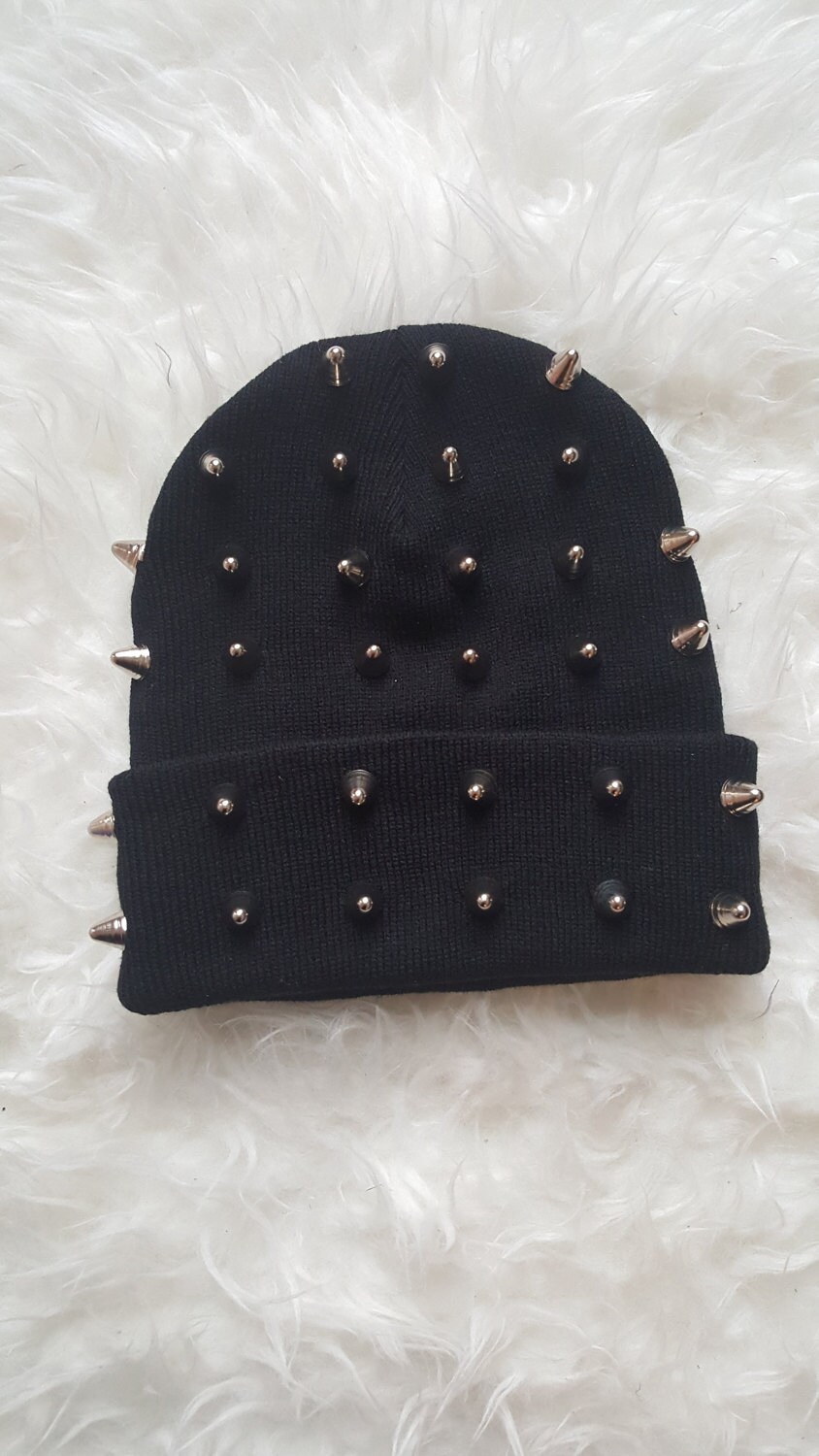 Black Spike Studded Cuffed Beanie, Skull Cap, Winter Hat, Rocker Hat ...