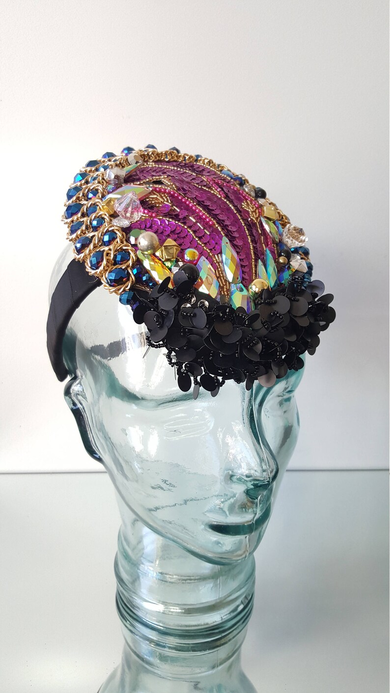 Vibrant Bejeweled Sequin Fascinator Headpiece, Headdress, Jeweled Hat ...