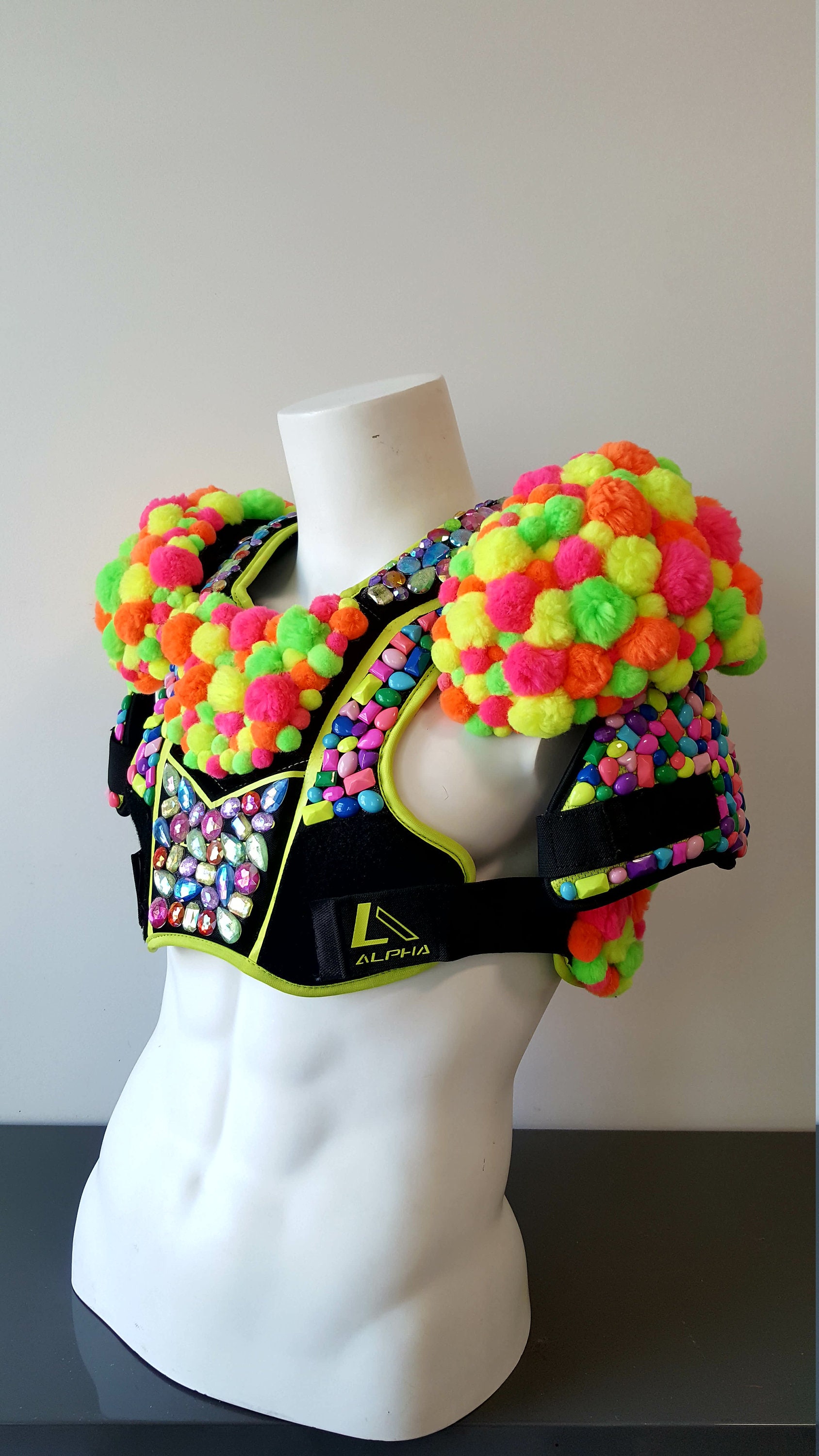Neon Pom Pom Shoulder Pad, UV Puff Rhinestone Chestpiece, Shoulder ...