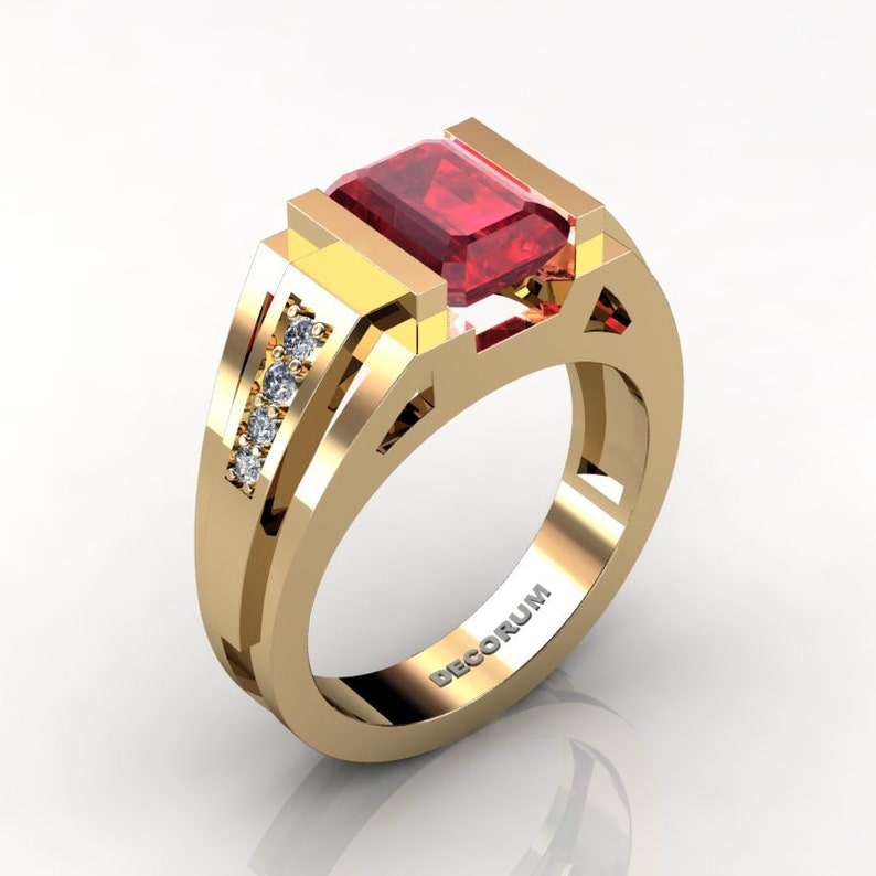Decorum Men's 14K Yellow Gold 3.0 Carat Emerald Cut Ruby Diamond Modern ...
