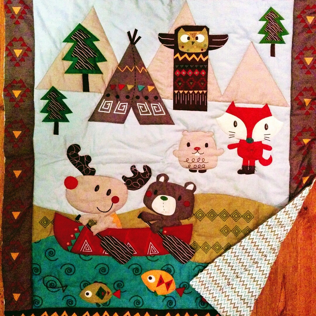 Native American Themed Quilted Panel Wall Hanging / Play Mat W/ Forest ...