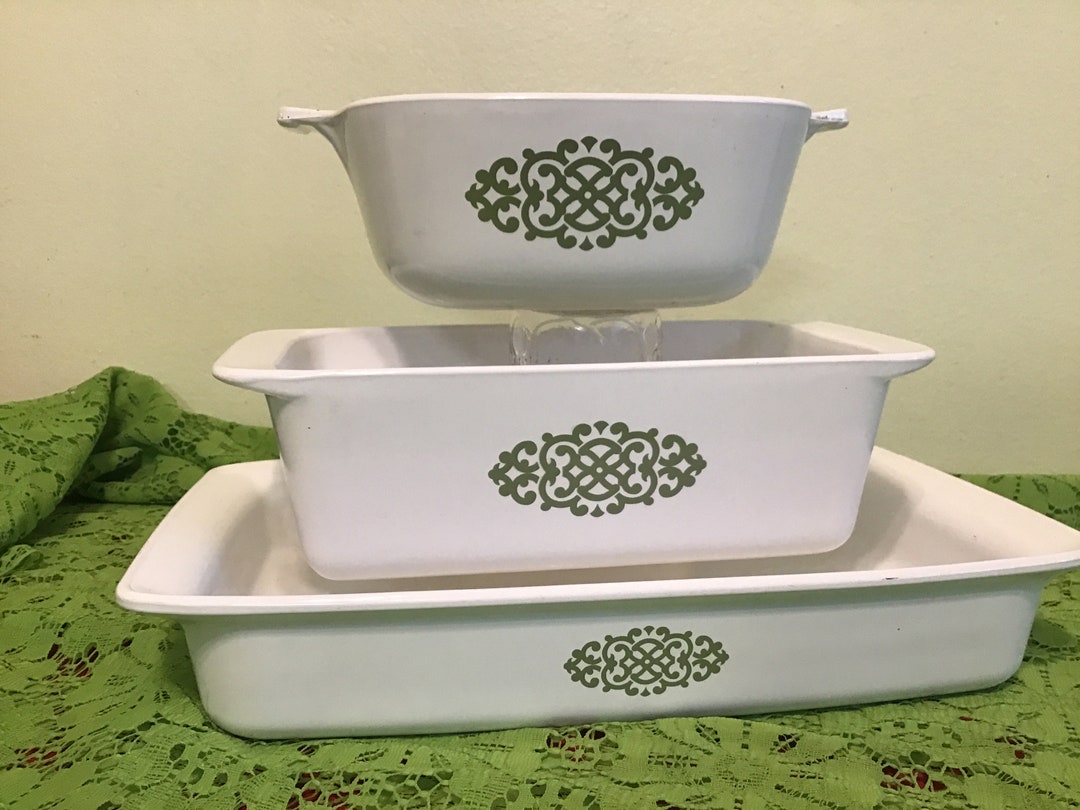 Vintage Corningware, Set of 3, Casserole Baking Dishes, Green Medallion ...