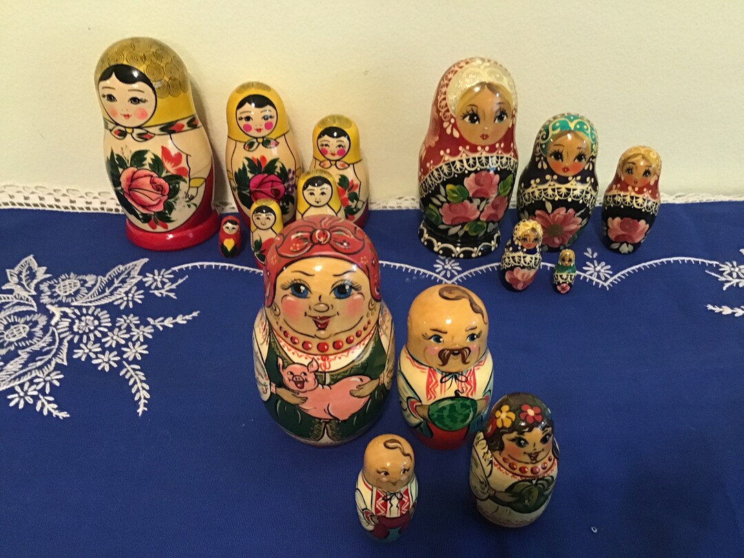 3 Sets of Vintage Russian Nesting Dolls, Hand Painted Wooden Stacking ...