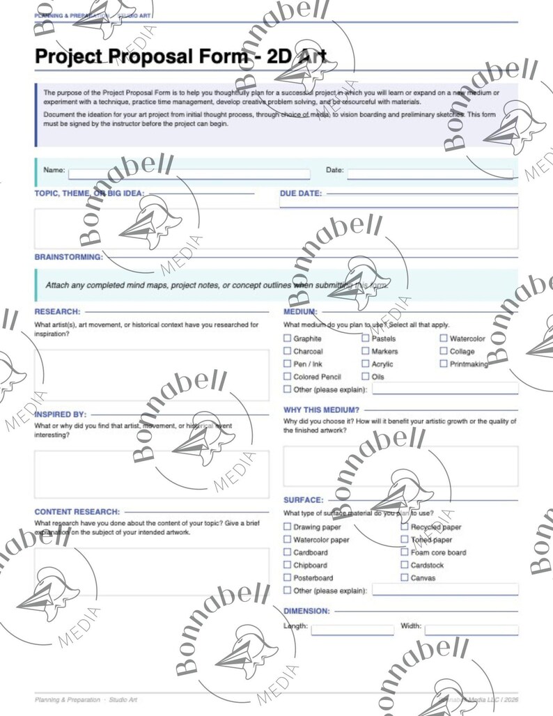 2D Studio Art Project Proposal Form | Fillable PDF Planning Tool | HS ...