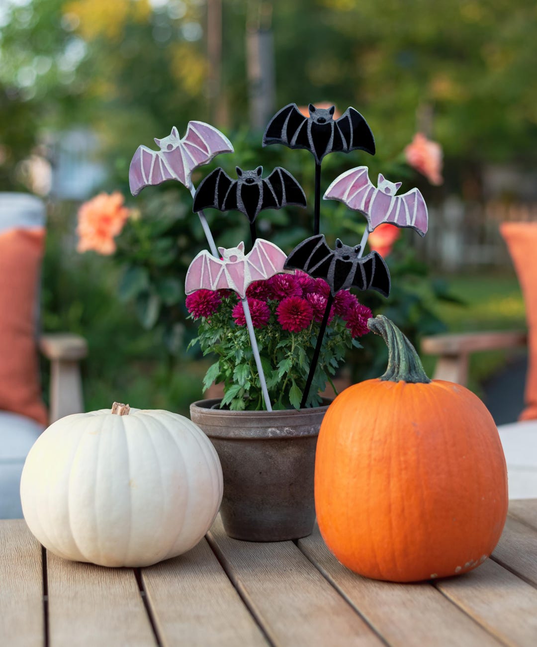 Stained Glass Mosaic Bat Plant Stake | Albino or Black Bat Garden Decor ...