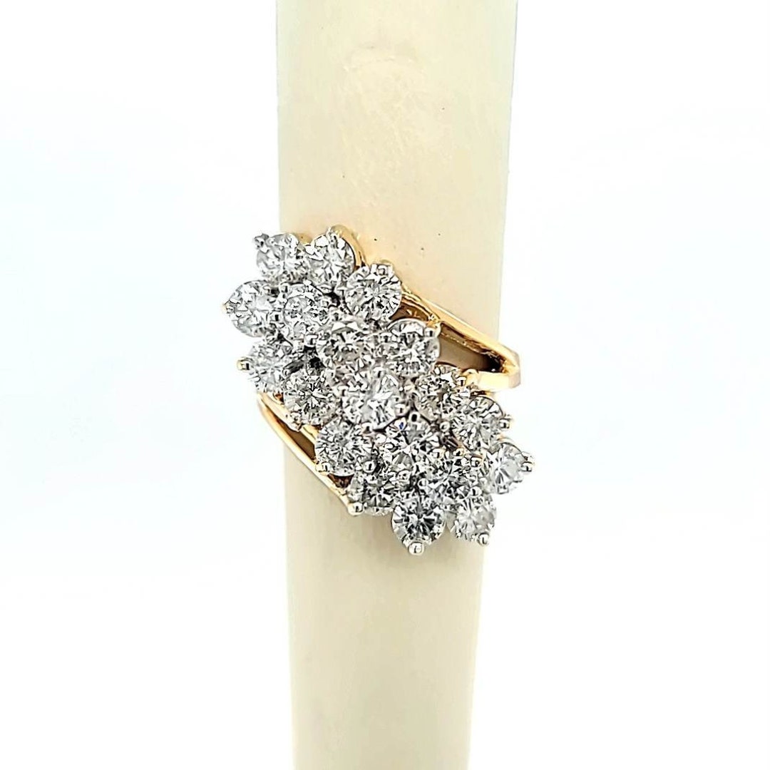 Ladies 14k Two Tone Gold LARGE Cascading Natural Diamond Cluster ...