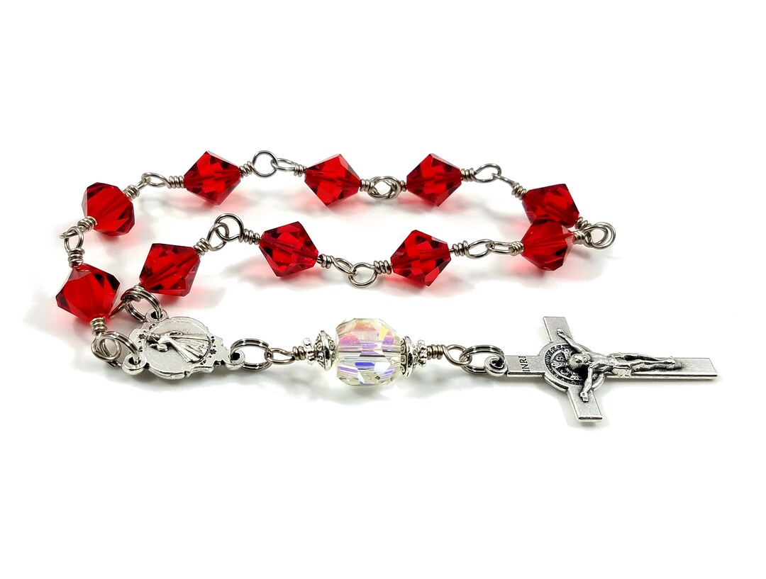 Divine Mercy & Lady Fatima Red One Decade Rosary, Swarovski Red Clear ...