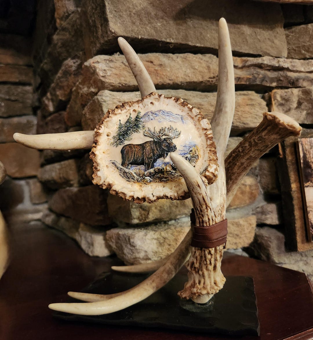 Carved Elk Burr/ Carved Moose on Elk Burr/painted Moose on Elk Burr ...