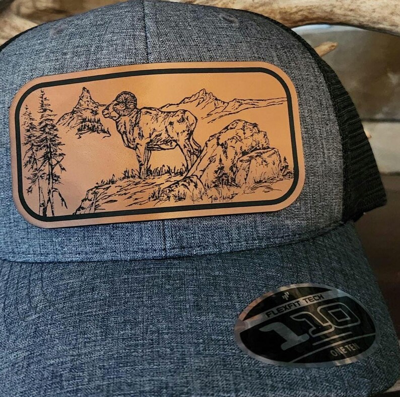 Flex-fit 110/ Bighorn Rocky Mt. Sheep/ Lasered Hat Patch/beartooth Mts./montana/leather Patch ...