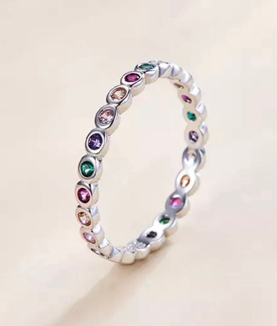 Rainbow Ring Sterling Silver Rainbow Ring Stackable Ring - Etsy Denmark