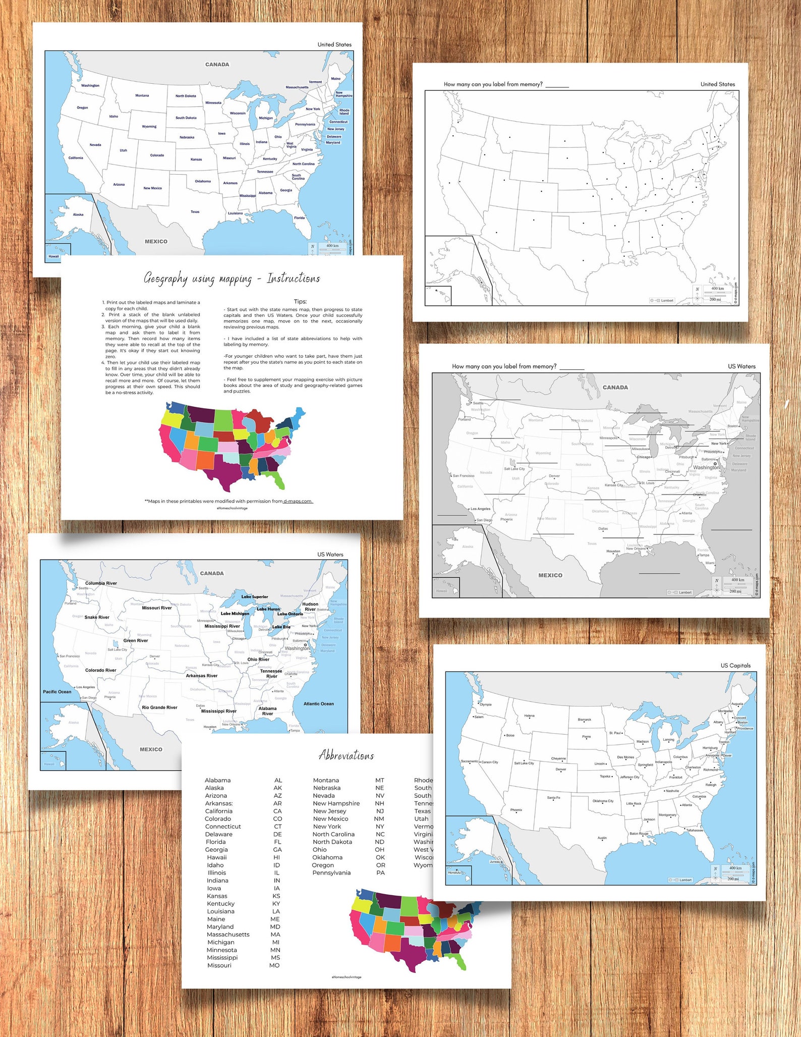 US Geography Map Digital Download: States, Capitals, Abbreviations, US ...