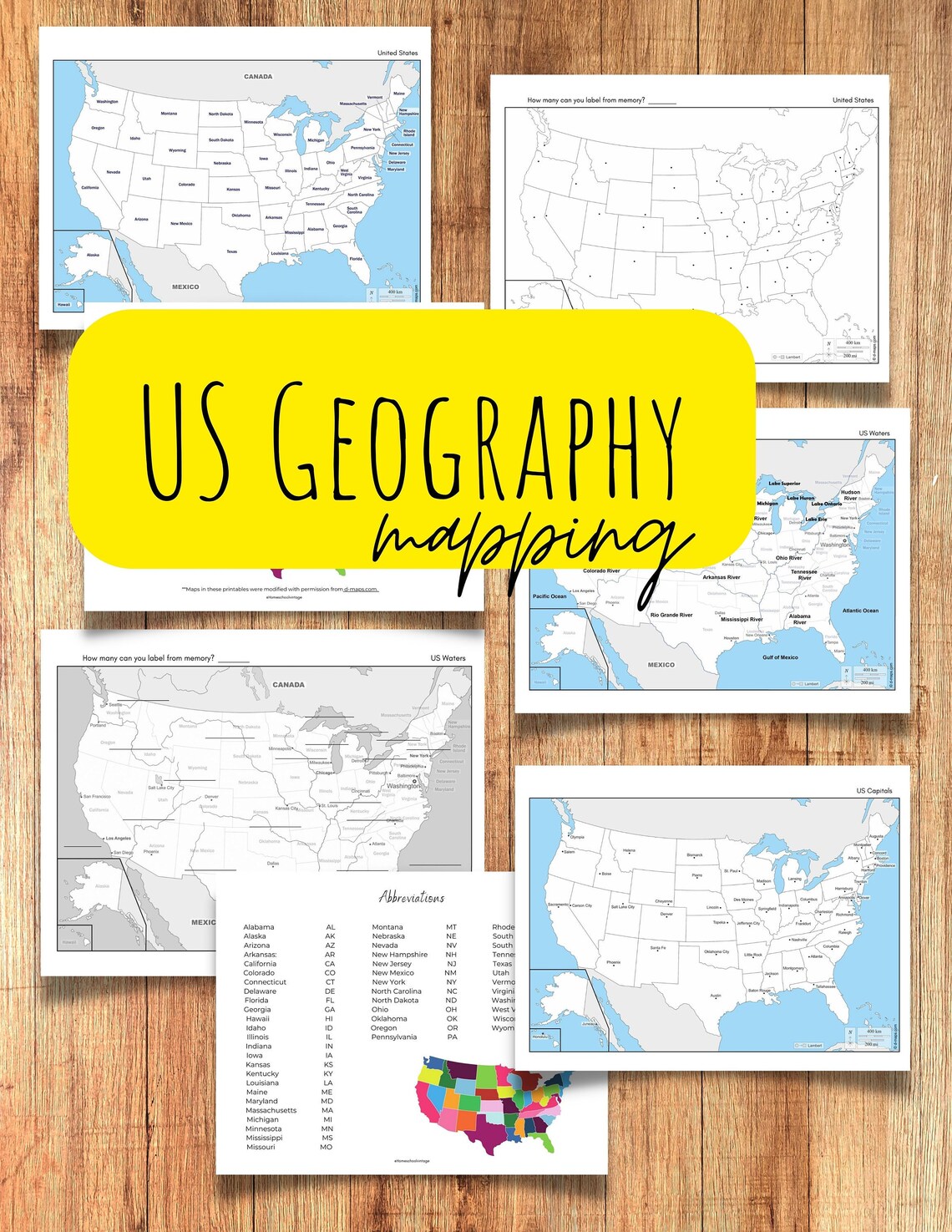 US Geography Map Digital Download: States, Capitals, Abbreviations, US ...