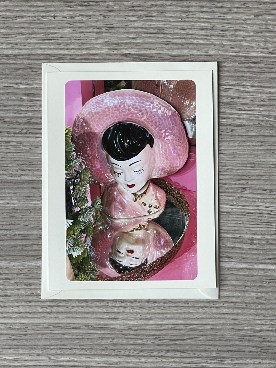 Lady With Pink Hat Vase 3D Photo Greeting Card Vintage Lady Head Vase ...