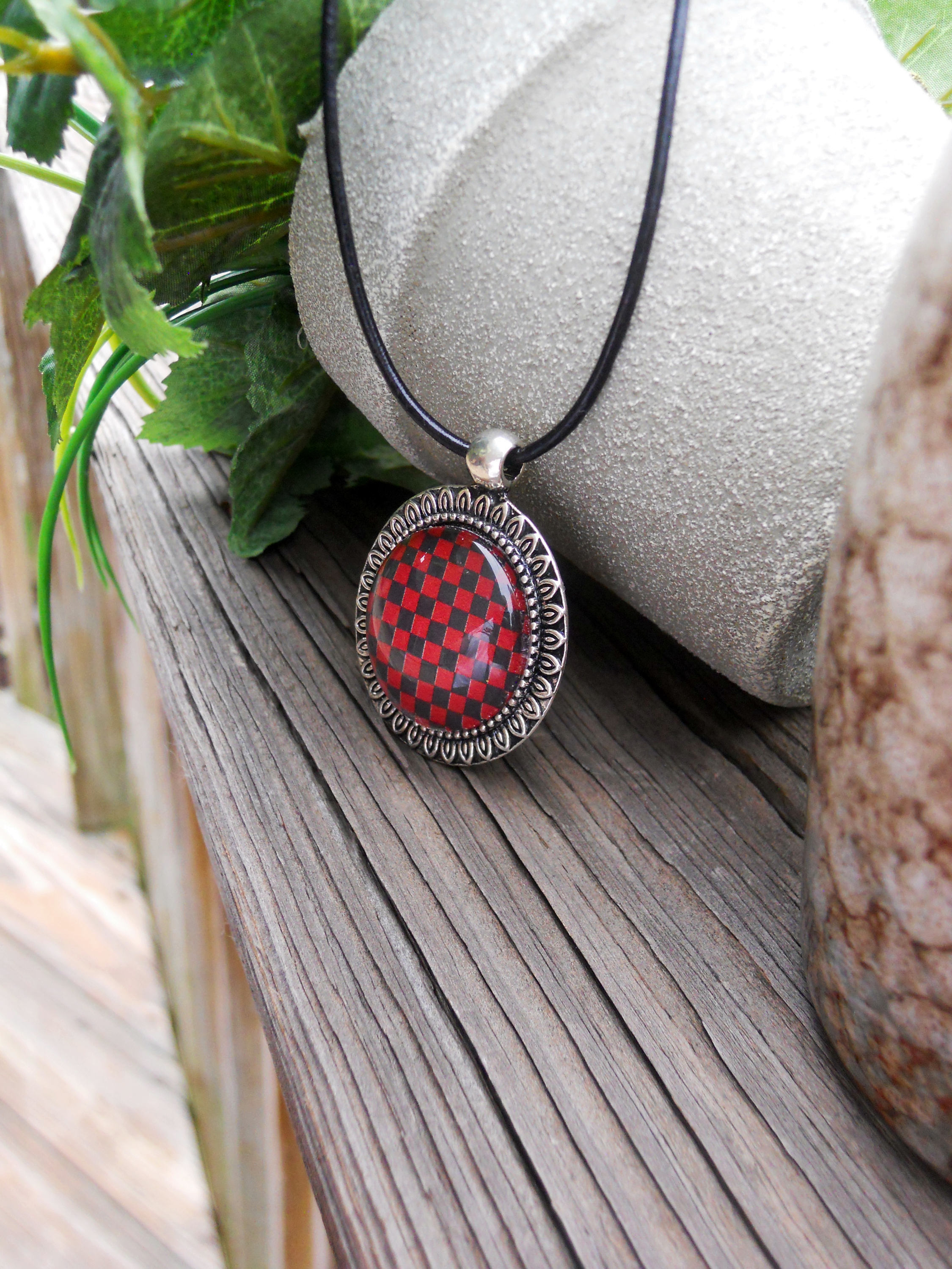 Red and Black Checkerboard Glass Pendant Necklace With Choice of Bezel ...
