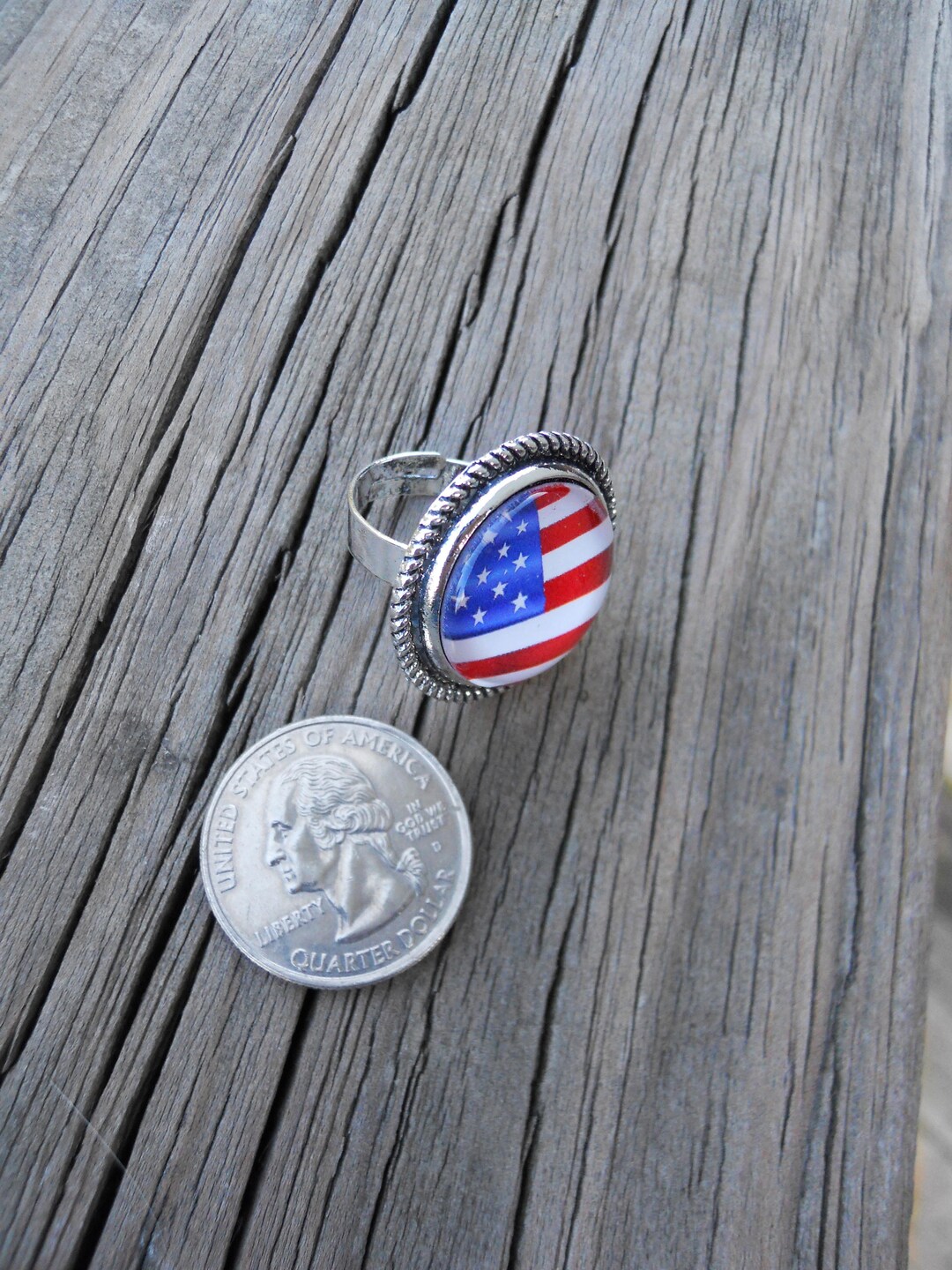 American Flag Ring Adjustable Glass Dome Antique Vintage Style Bezel ...
