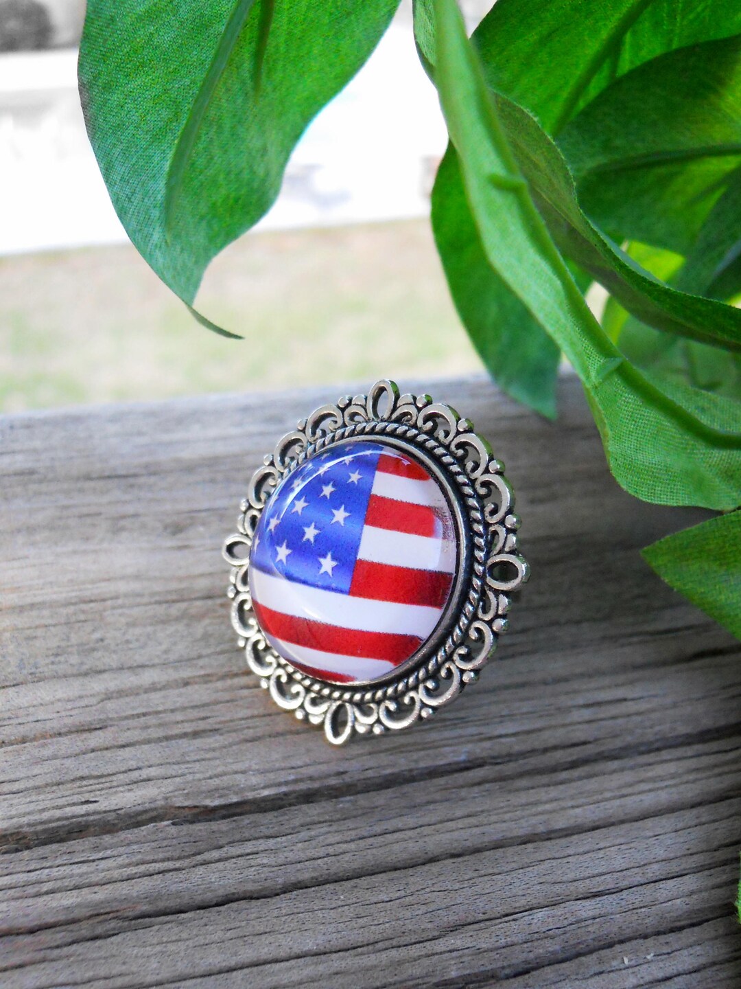 American Flag Ring: Antique Silver Finish Bezel, Patriotic Jewelry - Etsy