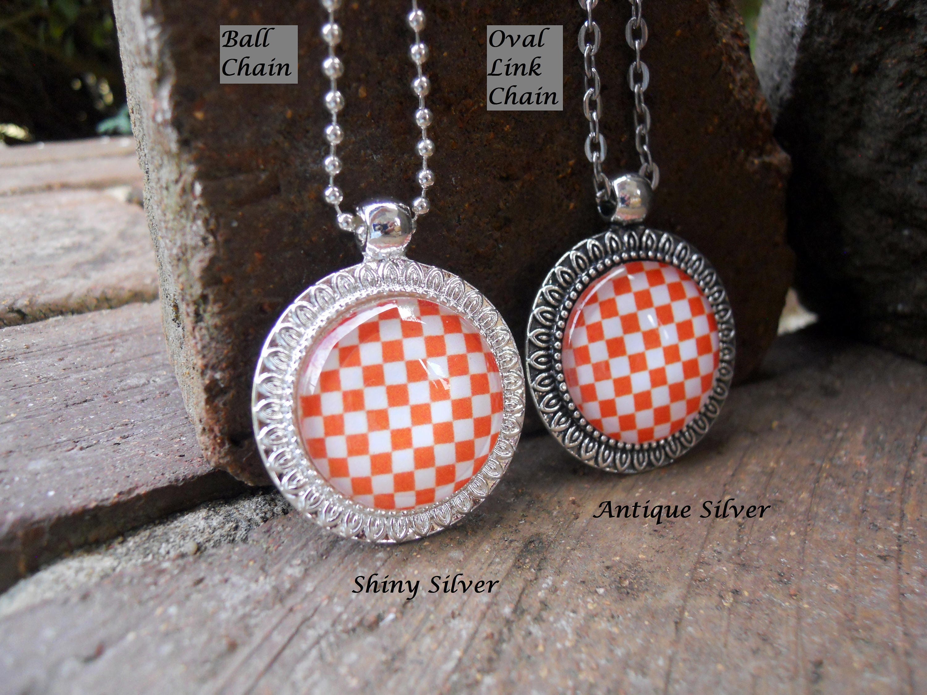 Red and Black Checkerboard Glass Pendant Necklace With Choice of Bezel ...