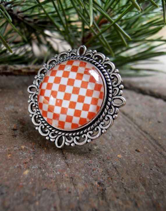 Orange and White Checkerboard Ring Adjustable Antique Silver | Etsy