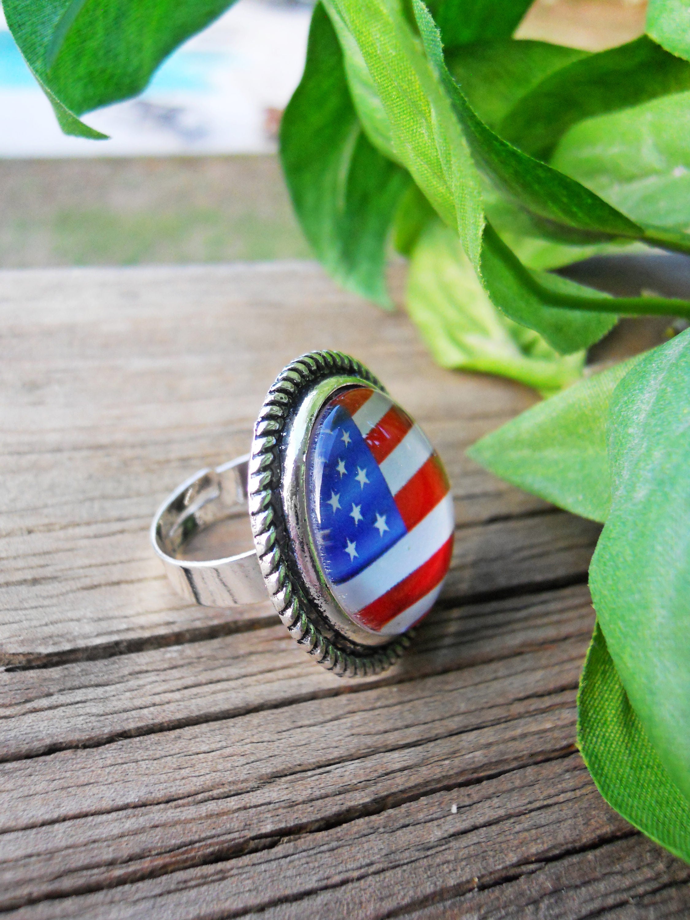 American Flag Ring Adjustable Glass Dome Antique Vintage Style - Etsy