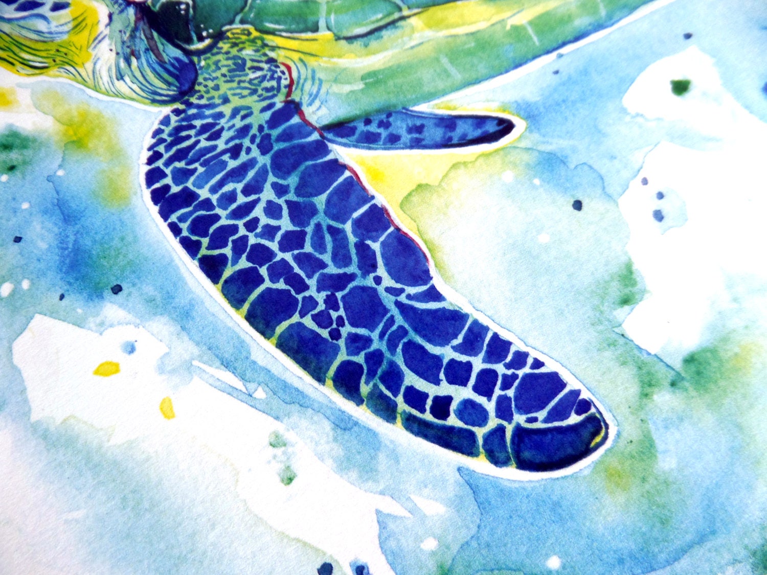 Sea Turtle Watercolour Print, A4 and A5 Print in Blues Yellows Greens ...