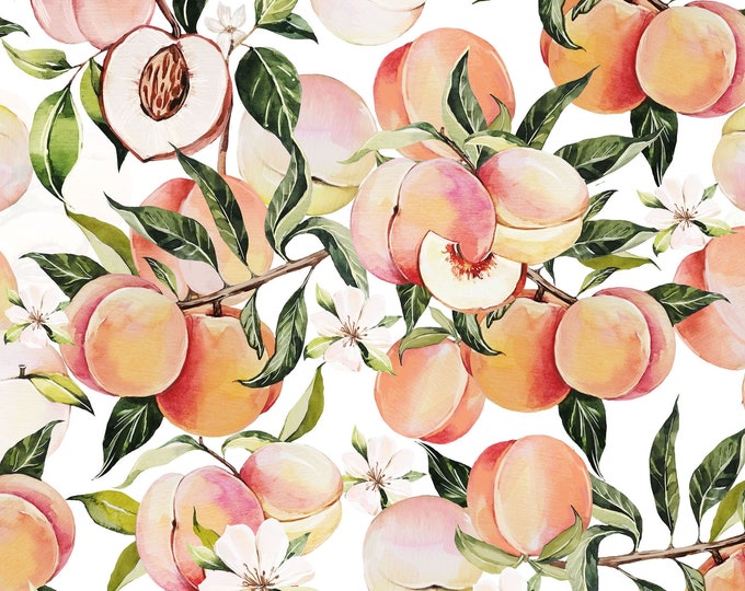 Peaches Fabric Watercolor Peaches by Hipkiddesigns Peach Pink Green ...