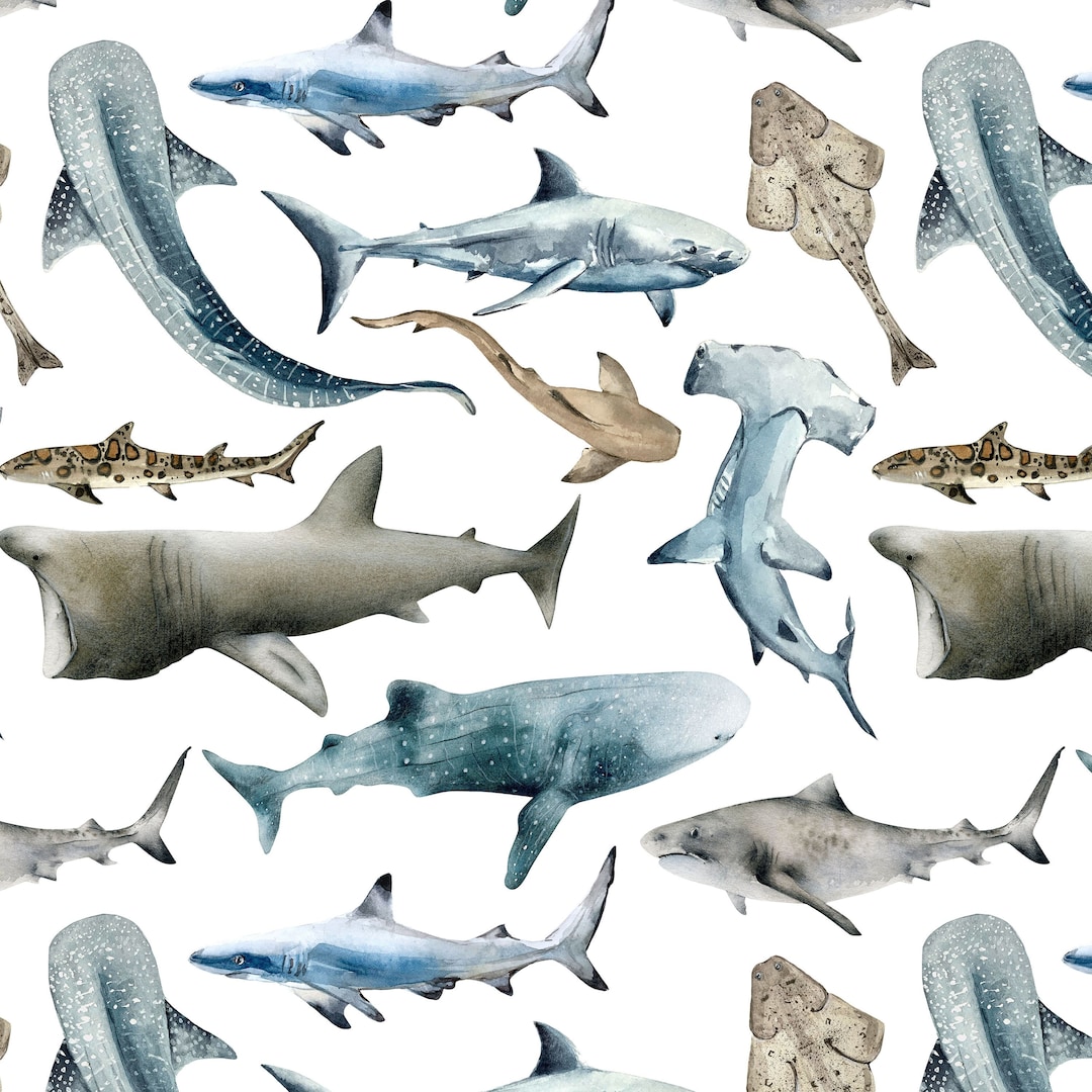 Watercolor Sharks Fabric by the Yard. Quilting Cotton, Knit, Jersey or ...