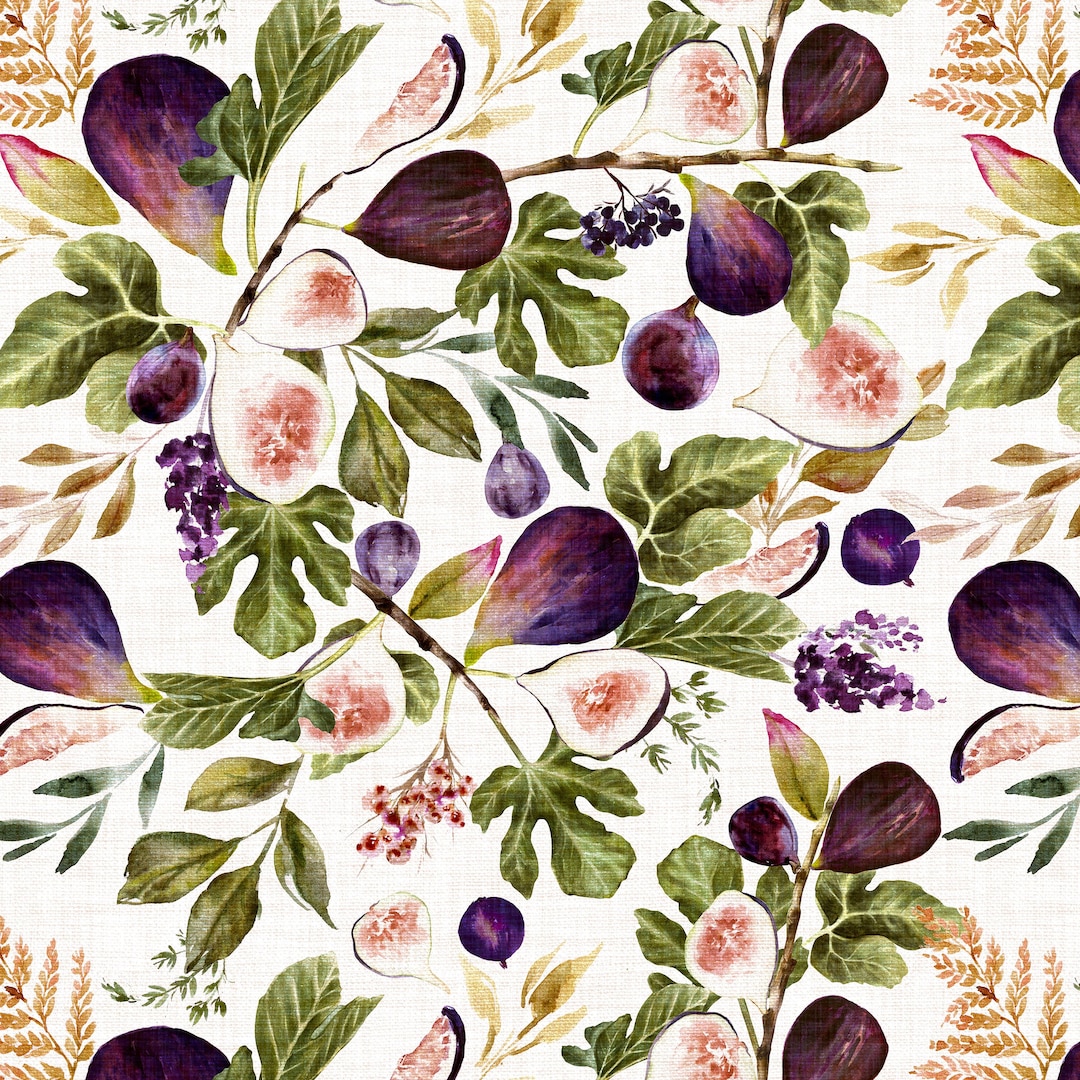 Summer Figs and Botanical Leaves Fabric by the Yard. Quilting Cotton ...