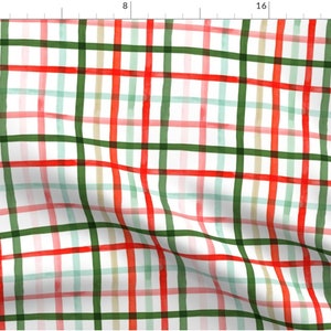 Christmas Plaid Fabric - Watercolor Red and Green Holiday Plaid, Blush ...