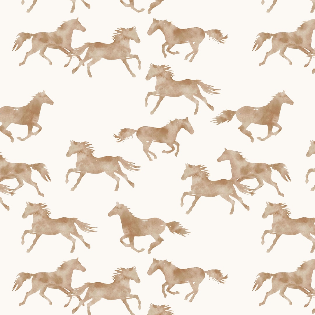 Watercolor Horse Fabric - Western, Cowboy, Wild Mustangs, Neutral ...