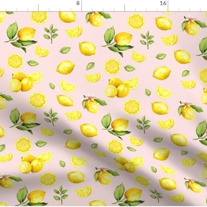 Lemon Fruit Fabric - Watercolor Lemons on Pink, Citrus, Lemonade ...