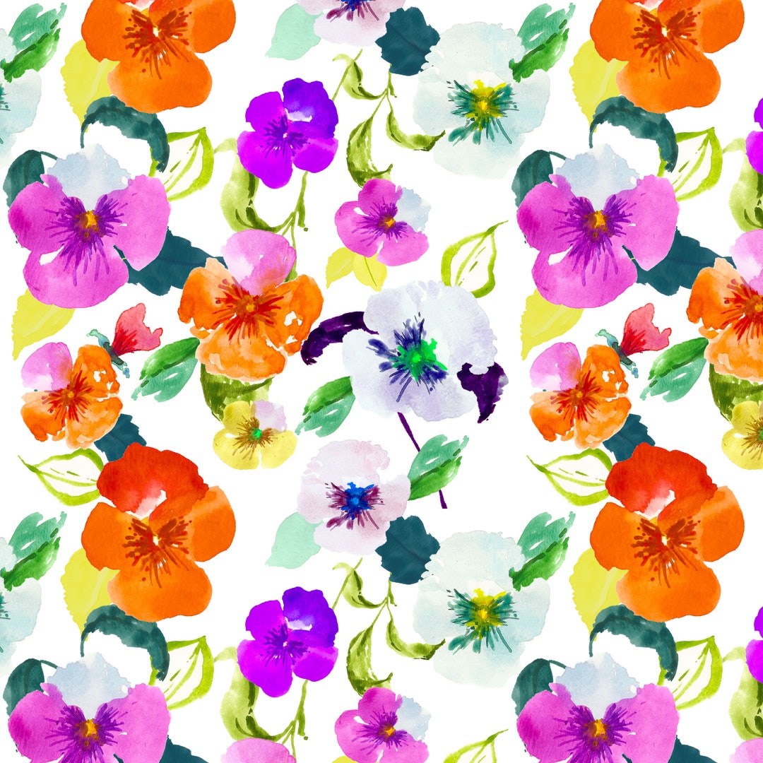 Colorful Pansy Fabric - Watercolor Pansies, Botanical, Floral ...