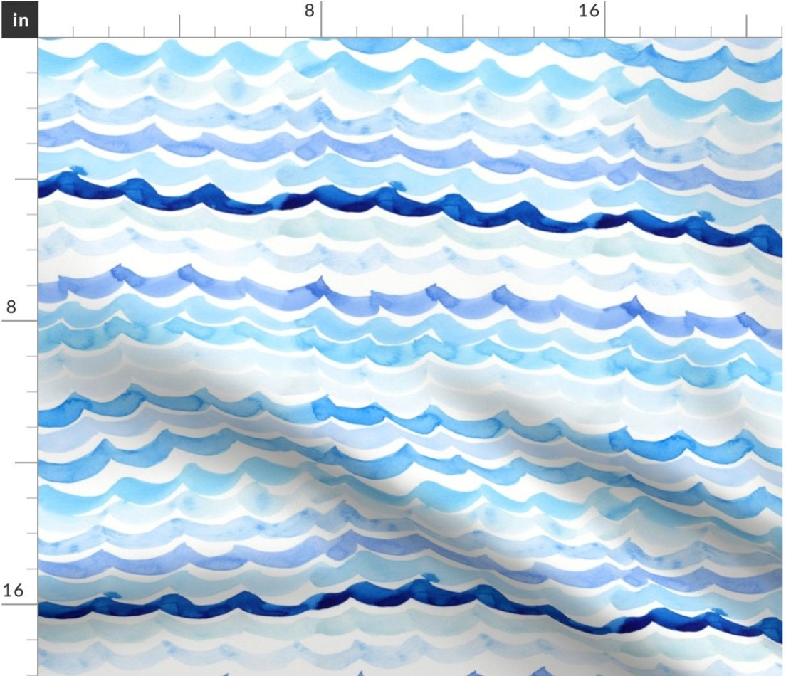 Watercolor Waves Fabric - Coastal Blue Ocean, Beach, Summer - Quilting ...