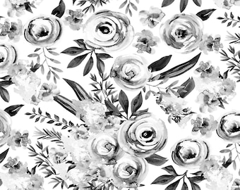 Floral B&W Fabric Large Scale Painterly Floral in Black and White by ...
