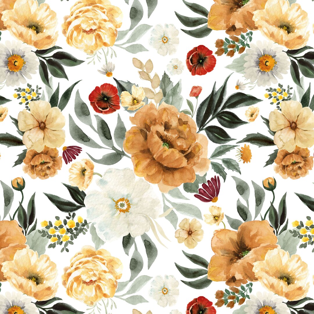 Mustard Gold Floral Fabric - June Watercolor Florals, Botanical ...
