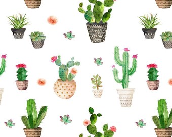 Watercolor Green Cactus Fabric Watercolor Cactus Garden Small Scale by ...