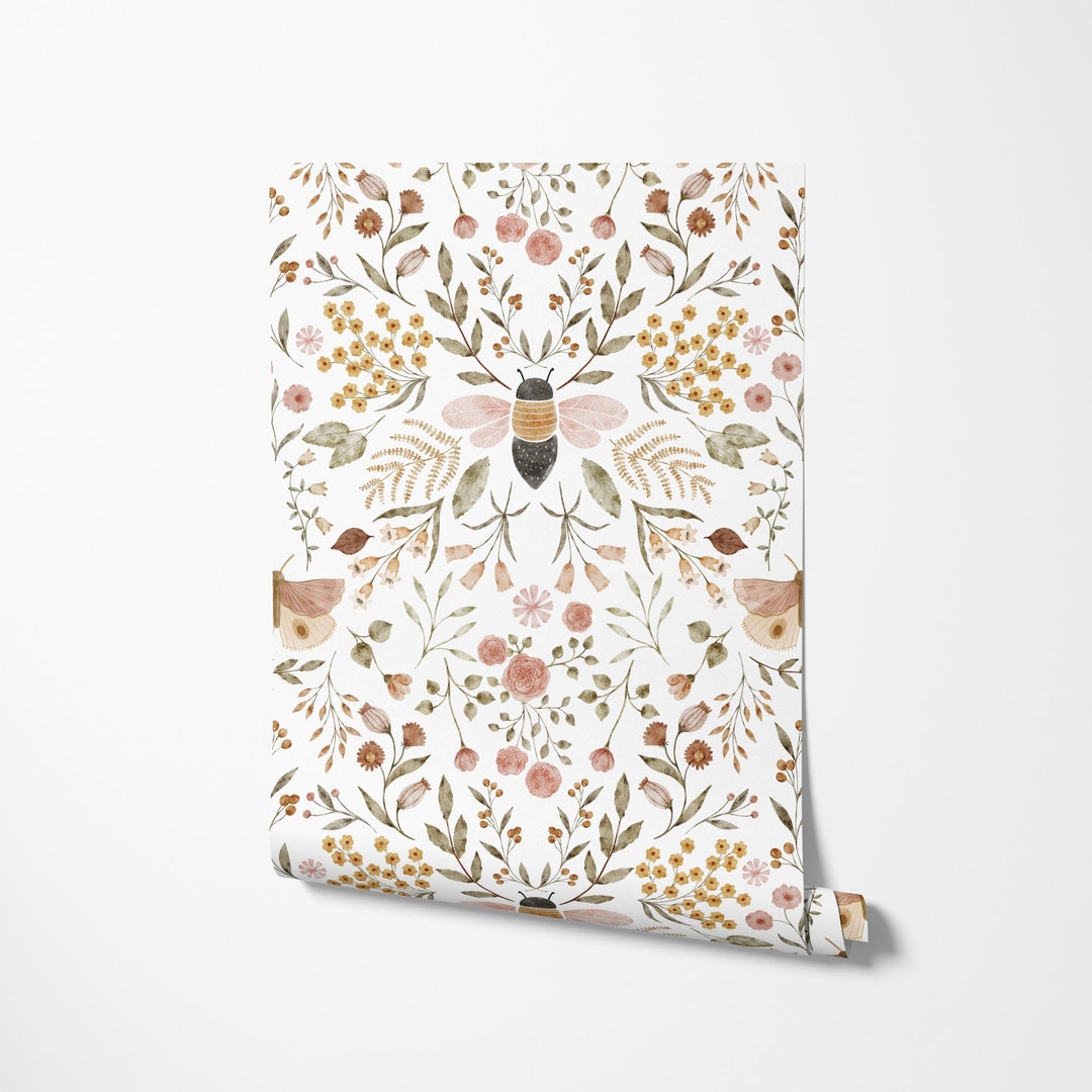 Honey Bloom Wallpaper, Botanical Bee and Butterfly Damask, Nature ...