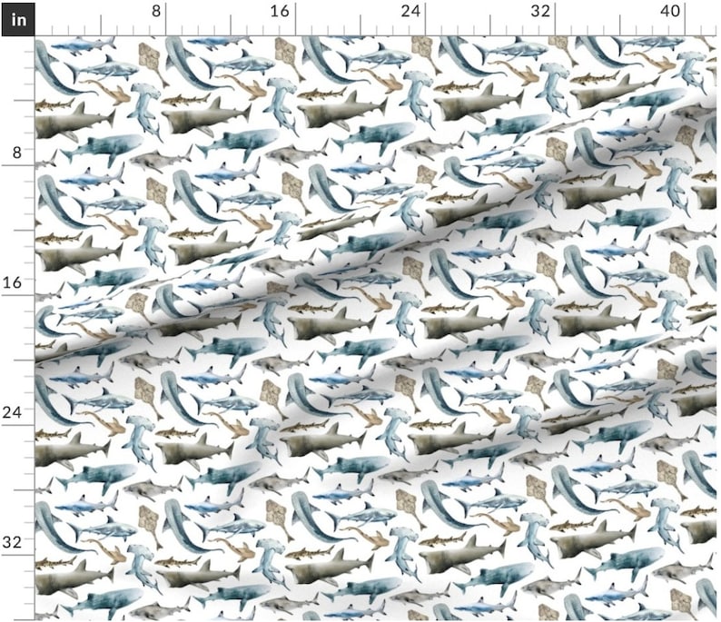 Watercolor Sharks Fabric by the Yard. Quilting Cotton, Knit, Jersey or ...