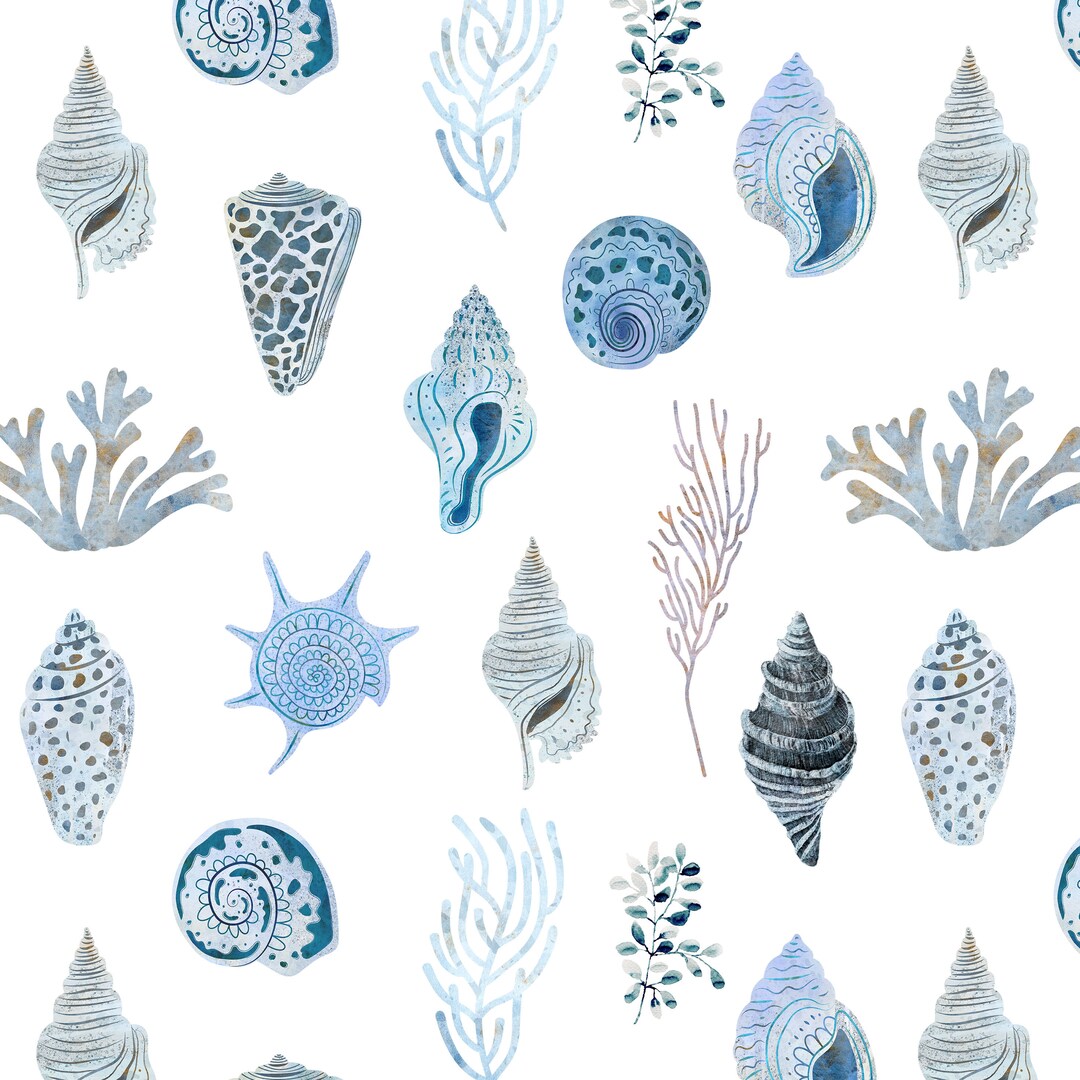 Sea Shells Fabric by the Yard - Summer, Ocean, Coral, Coastal Blue ...