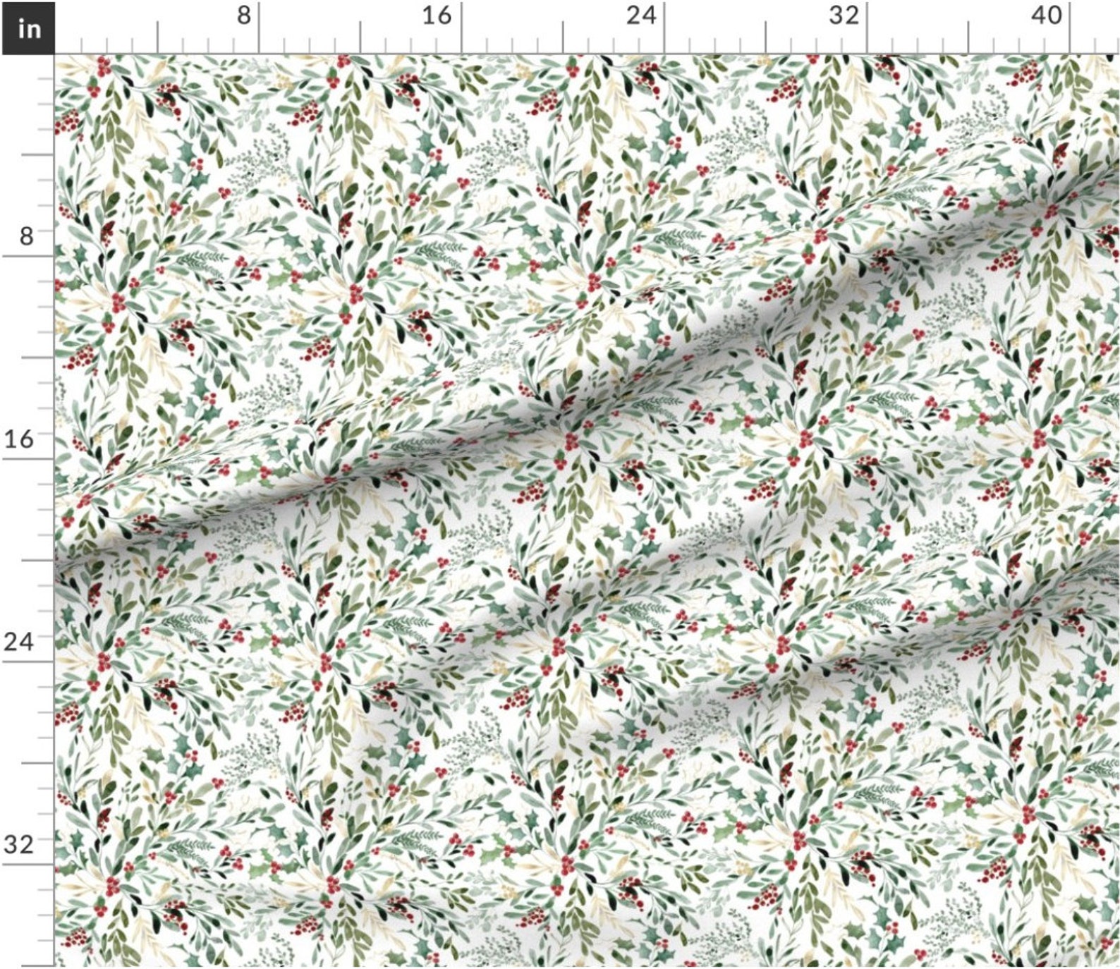 Mistletoe and Holly Foliage Fabric - Watercolor Christmas Florals ...