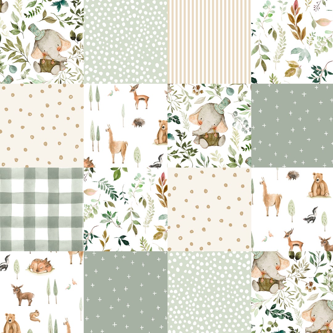 Gender Neutral Cheater Quilt Fabric by the Yard. Sage, Baby Elephant ...