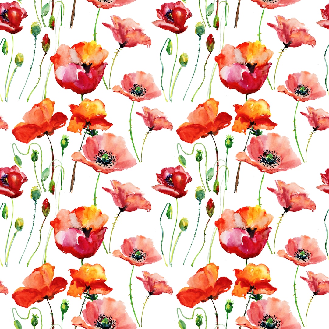 Coral Poppies Fabric - Spring Floral, Poppy, Watercolor Floral - Cotton ...