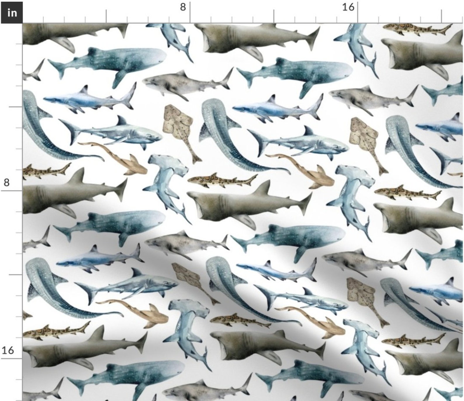 Watercolor Sharks Fabric by the Yard. Quilting Cotton, Knit, Jersey or ...