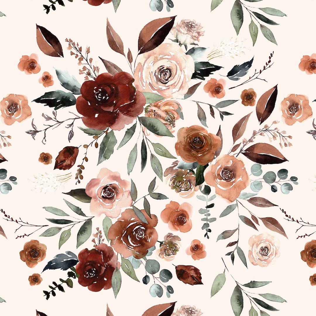 Dusty Fall Floral Fabric by the Yard. Watercolor Florals, Burgundy ...