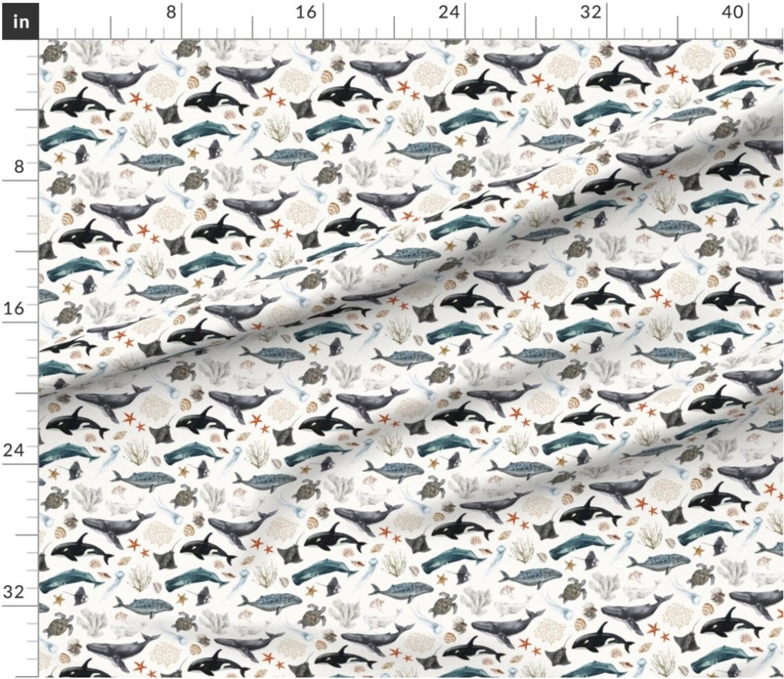 Deep Blue Sea Fabric by the Yard. Watercolor Whales, Dolphins, Beach ...