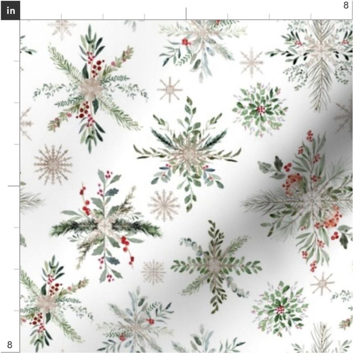Floral Snowflakes Fabric, Winter Snow, Christmas, Holiday Greenery ...