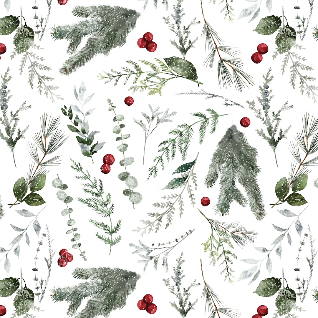 Christmas Berries Greenery Fabric - Pine, Winter, Snow, Botanical ...