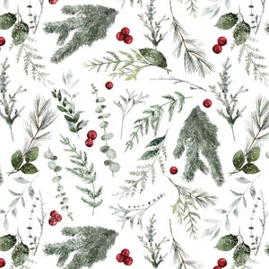 Christmas Berries Greenery Fabric - Pine, Winter, Snow, Botanical ...