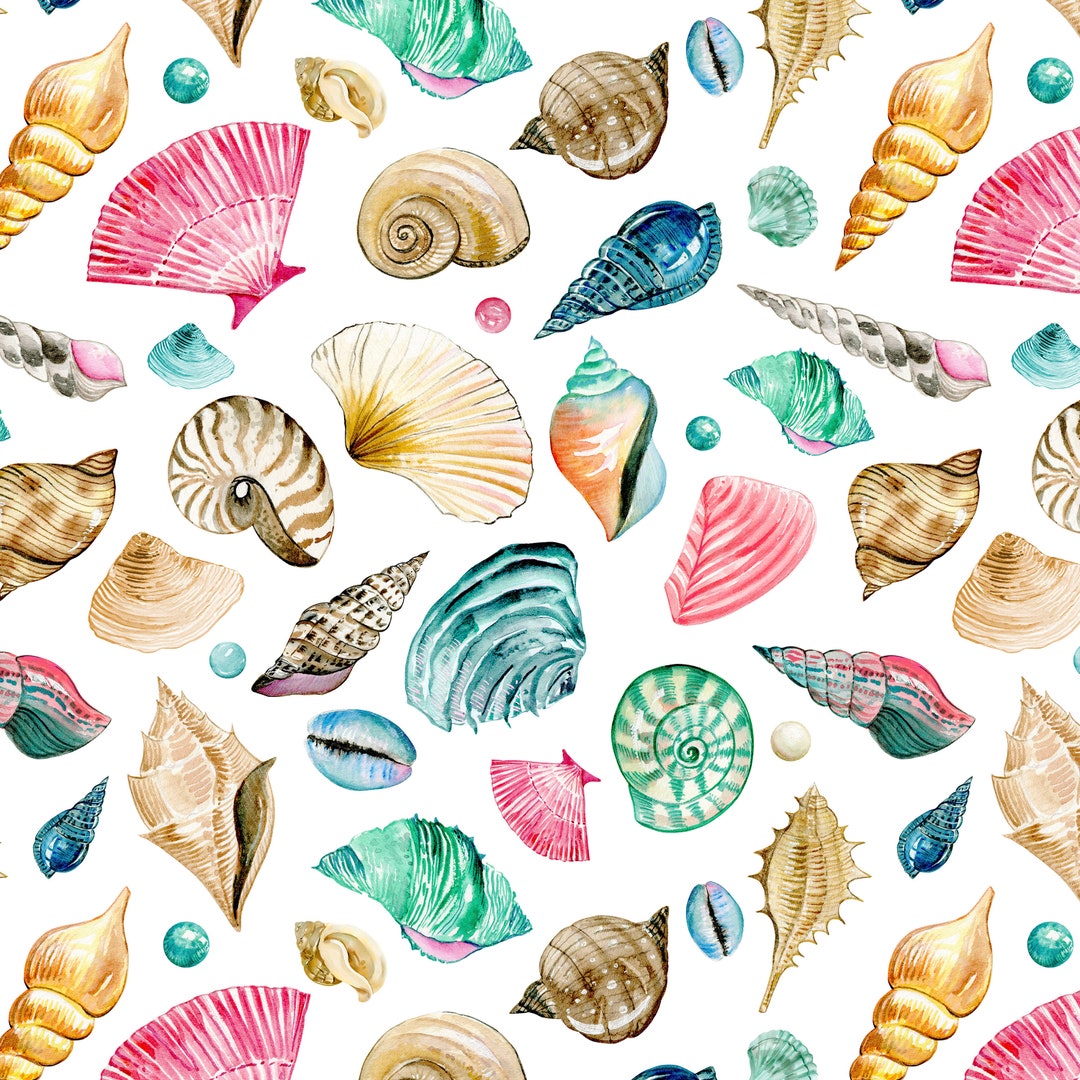 Coastal Sea Shells Fabric - Quilting Cotton, Sateen, Poplin, Organic ...
