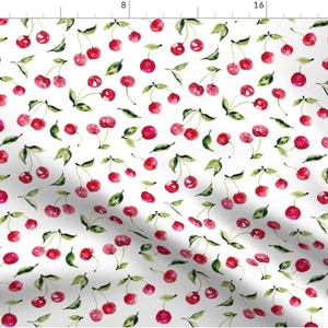 Watercolor Cherries Fabric by the Yard - Red Cherry and Leaves, Fruit ...